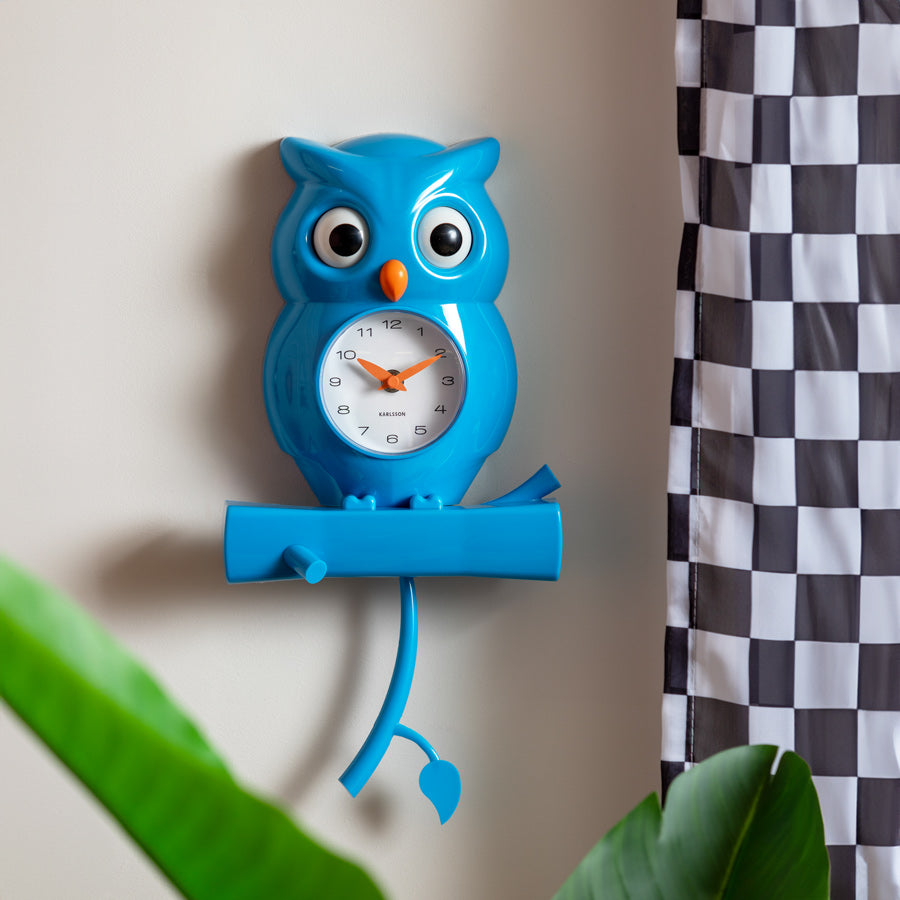 Karlsson Owl Pendulum Wall Clock - Bright Blue