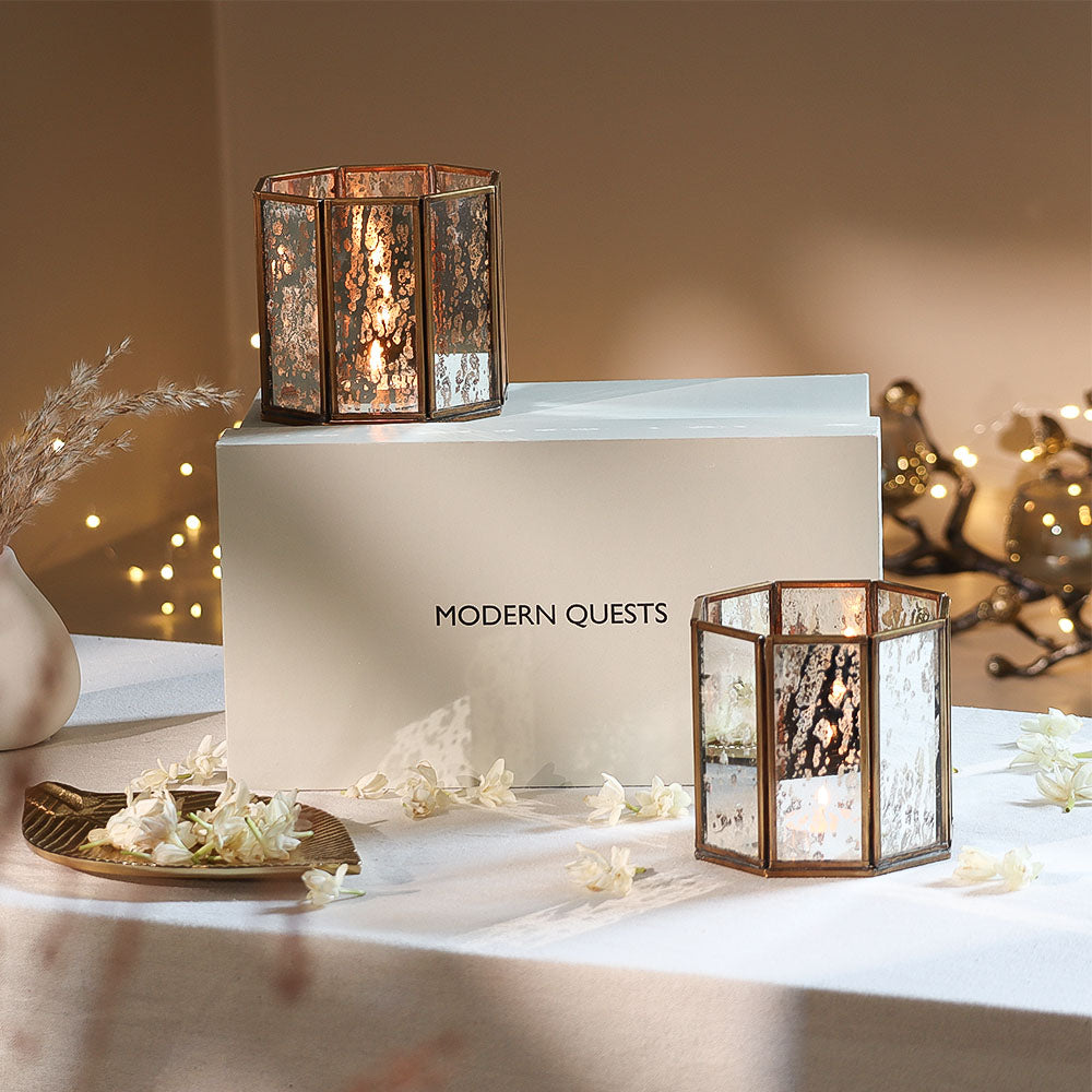 ESQ Living Annette 2-Piece Glass Hurricanes Gift Set - Tarnished Gold