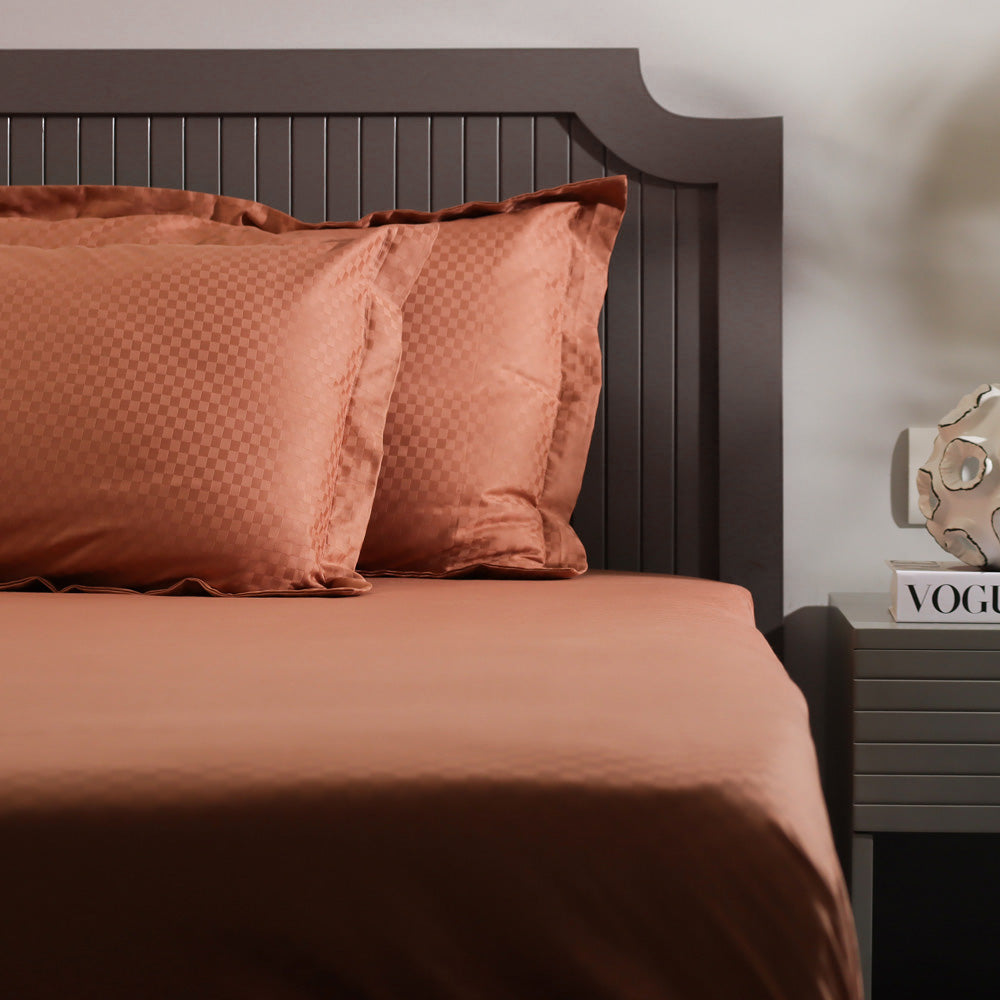 ESQ Living Maison Checks King Size Cotton Bedsheet Set - Dark Peach
