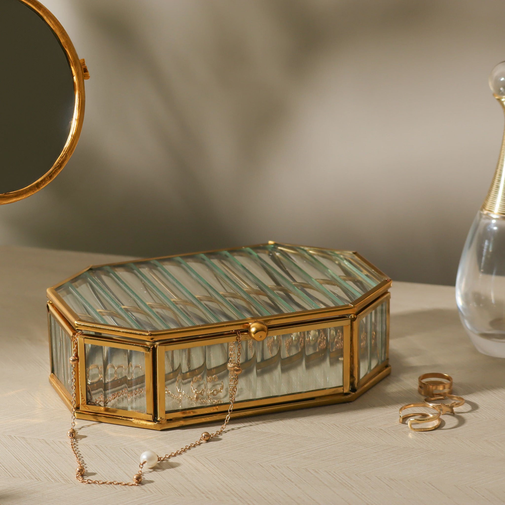 ESQ Living Octagonal Fluted Glass Jewellery Box - Gold