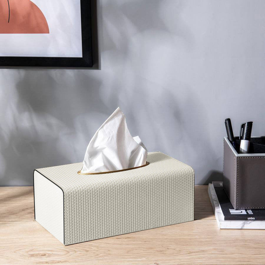 Enhabit Weave Rectangular Tissue Box Holder - White & Gold